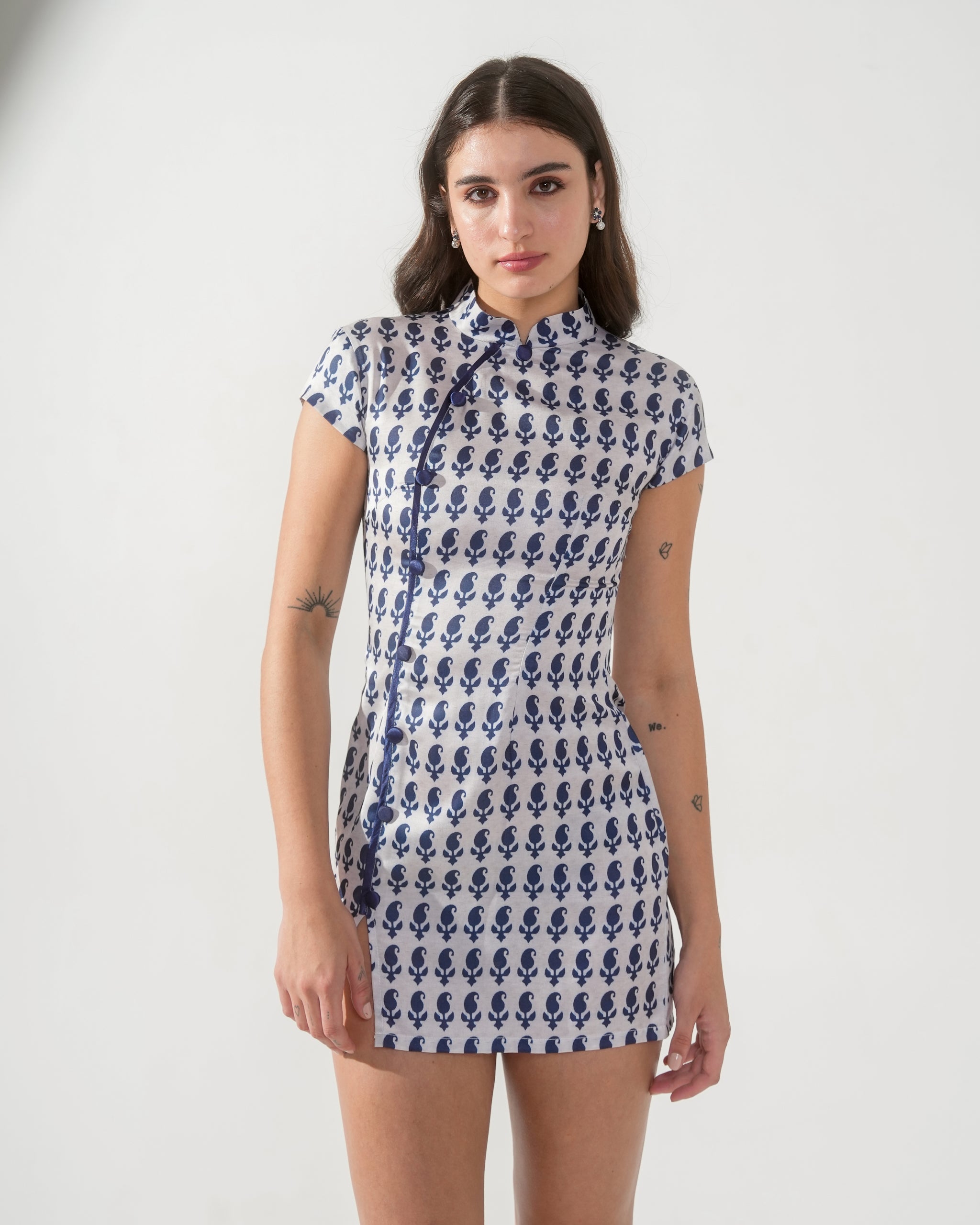 Leia Indigo Print Mini Dress – Mandarin Collar Bodycon Dress for Women ...