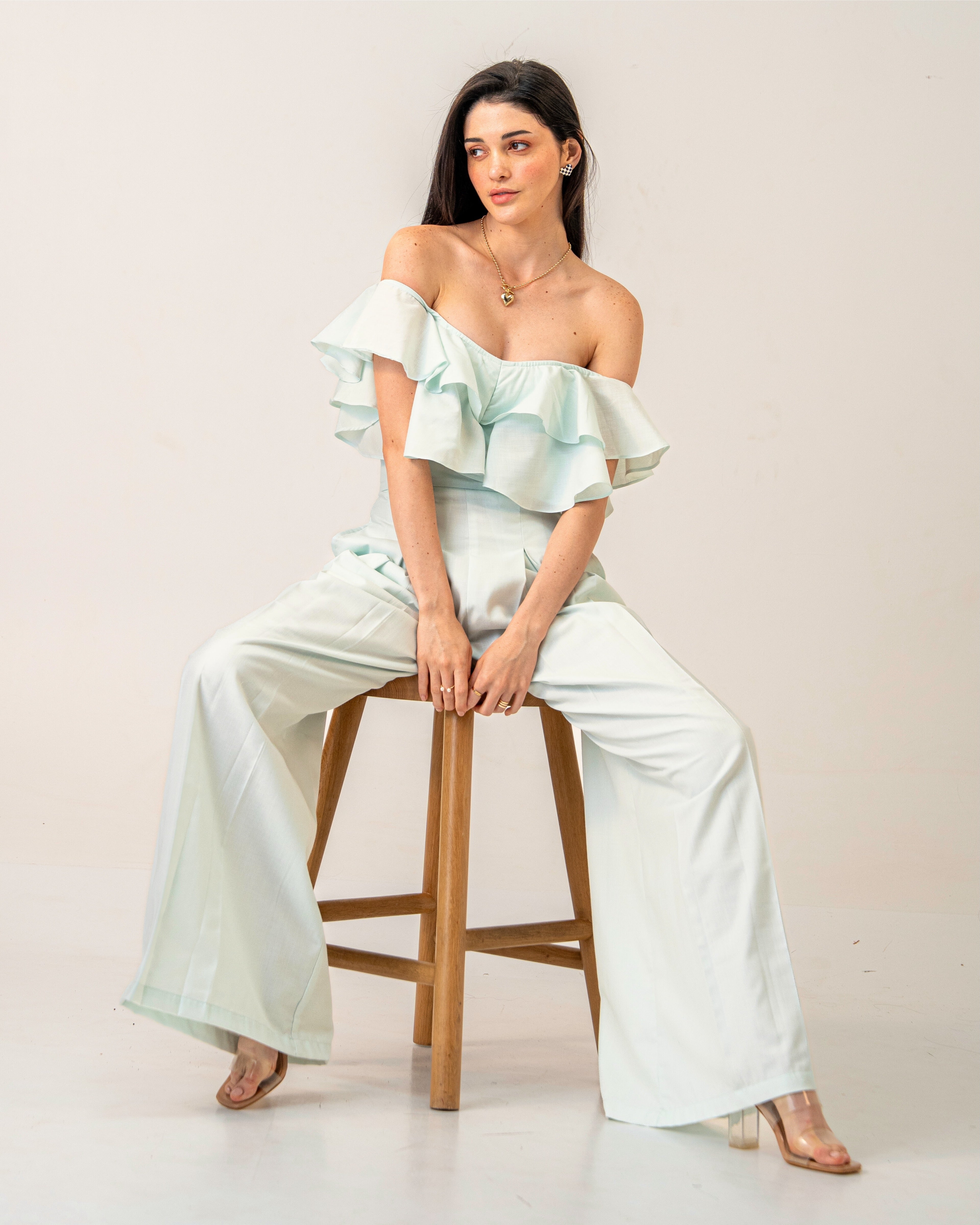 Mint Mirage set – Off-Shoulder Pastel Green Ruffle top & High-waist tr ...