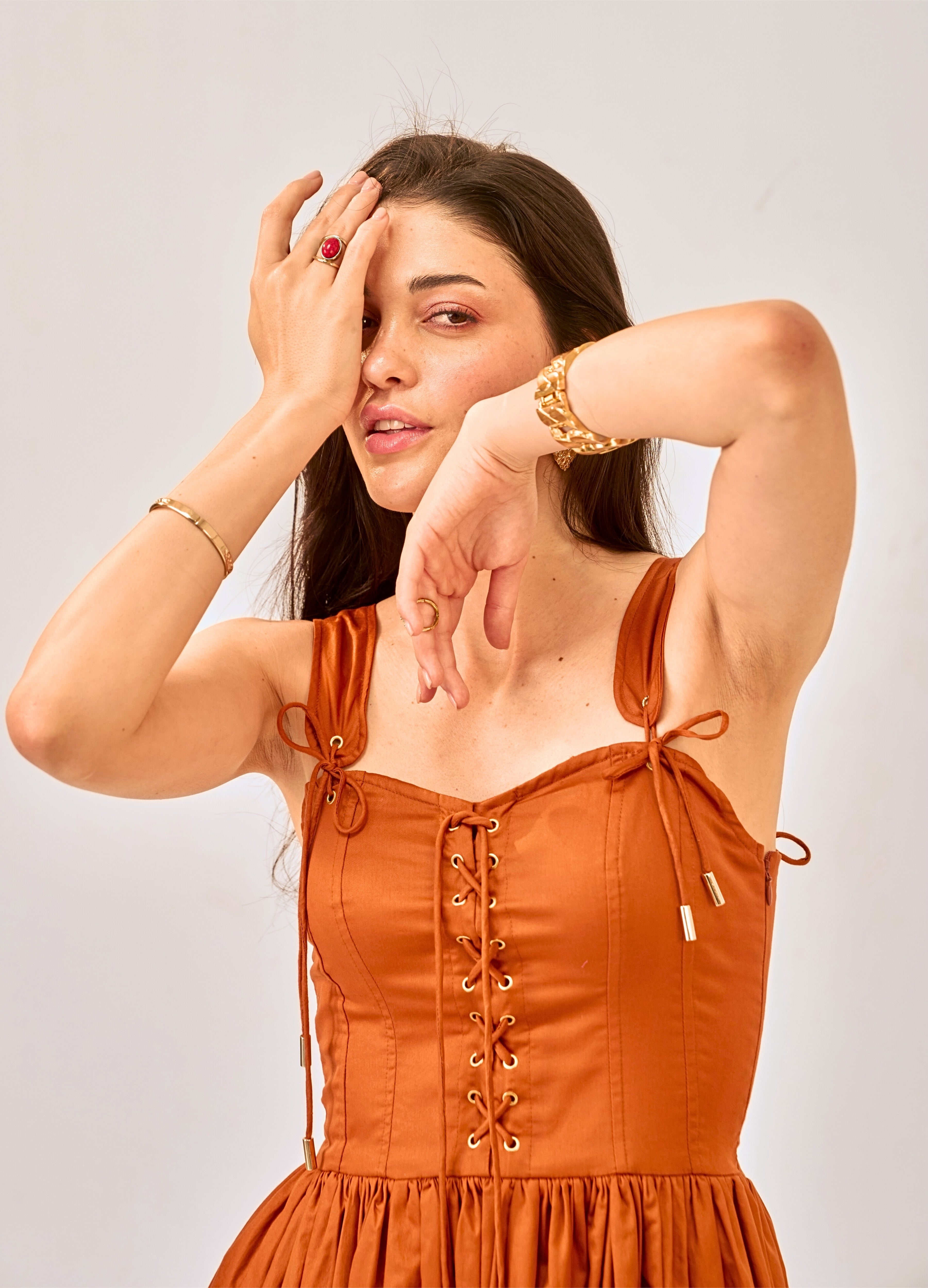 Burnt Honey Dress - Rust Orange Corset Style Midi Dress – True West