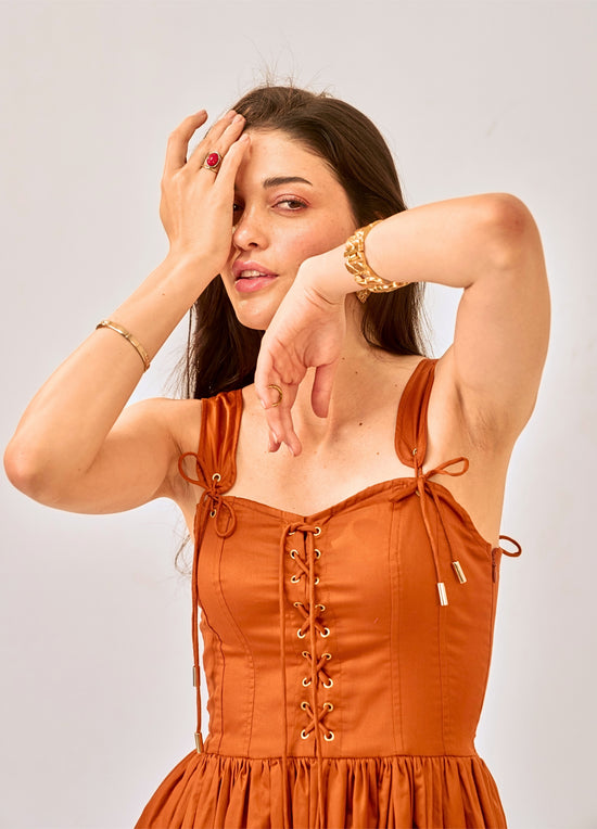 Burnt Honey Dress - Rust Orange Corset Style Midi Dress – True West